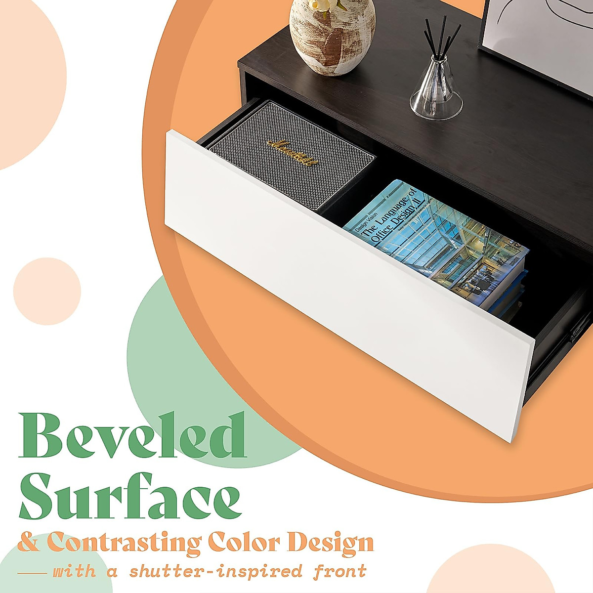 AMERLIFE Nightstands Set of 2, Mid-Century End Side Table with Beveled Drawers & Charging Station, Modern Storage Cabinet for Bedroom, Office, White & Black Walnut