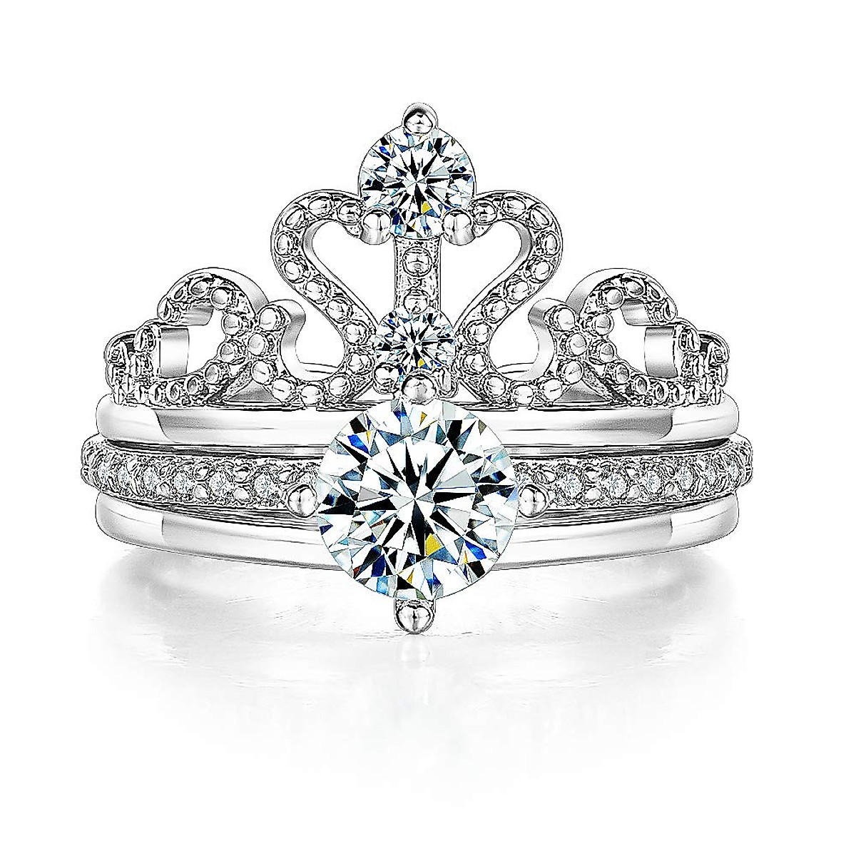 Wisslotus Womens Rings Set Princess Queen 18K White Gold Plated Tiara Crown CZ Promise Rings Stackable Thumb Open Adjustable Rings Set (White gold)