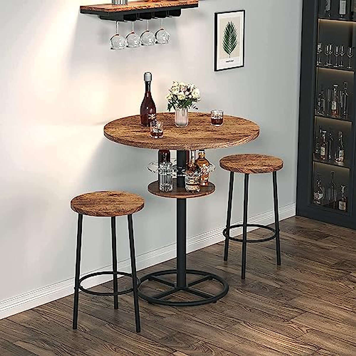 VECELO 3 Piece Bar Table and Chairs Counter Height Bistro Sets with 2 Barstools for Indoor, Small Space Restaurant, Brown