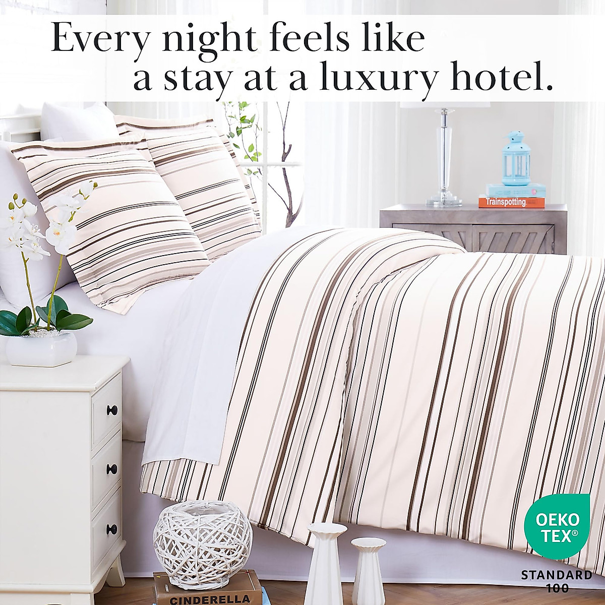 Southshore Fine Living, Inc. 3-Piece Full/Queen Size Comforter Set, Down Alternative All-Season Striped Comforter with 2 Shams, Soft Microfiber Bed Spread for Full or Queen Bed, Coastal Stripes Taupe