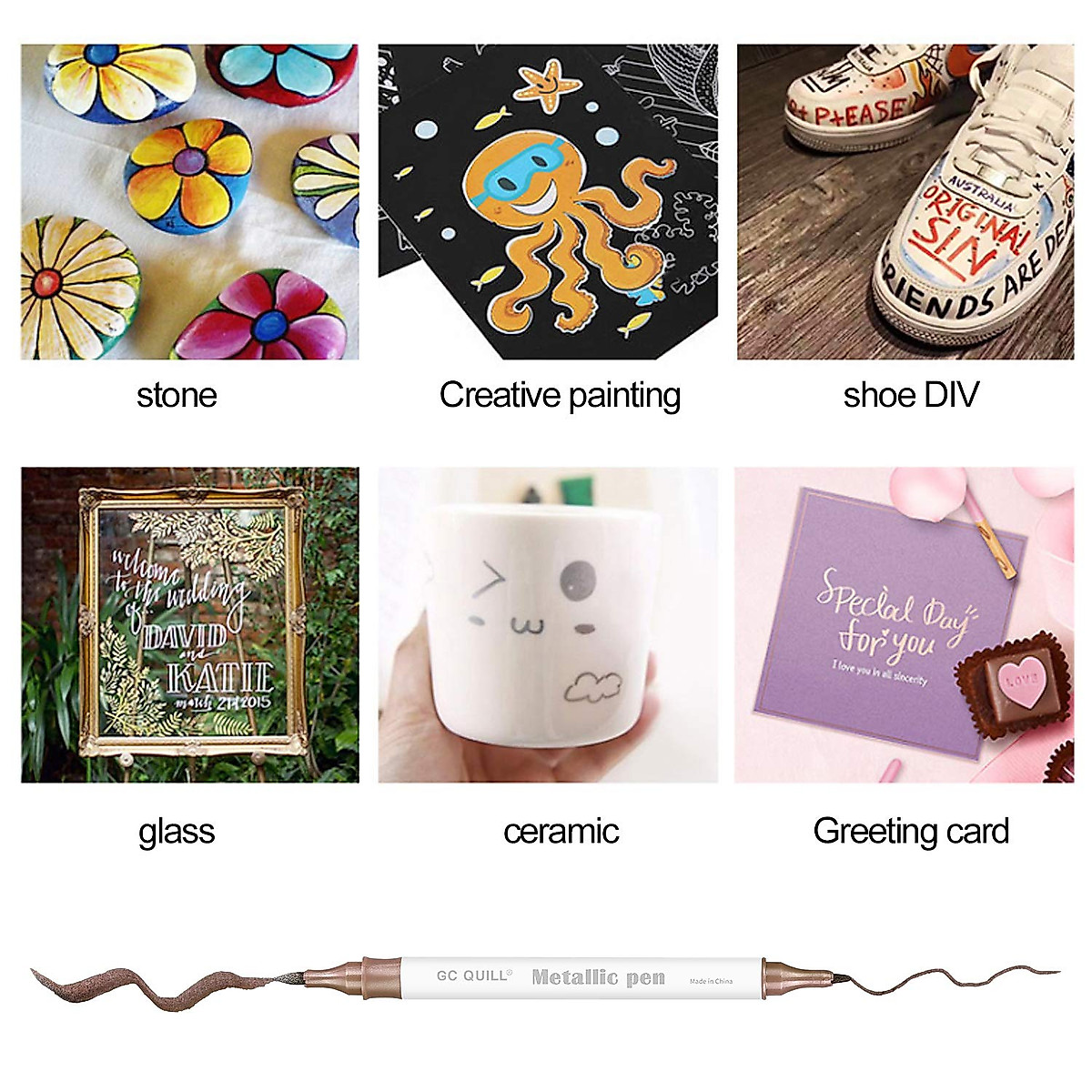 GC QUILL 12 Colors Metallic Marker Pens - Dual Tip Brush and Fine Point Pens for DIY Album, Black Cards, Scrapbooking, Craft Supplies, on Ceramic, Stone, Glass, Fabric GC-MP12