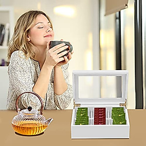 Wooden Tea Box Organizer, Mordern White Tea Organizer with Clear Lid, Tea Bag Holder for Cabinet, Tea Caddy Chest Large Capacity Tea Storage Containers Suitable for Tea, Coffee and Sugar Bags