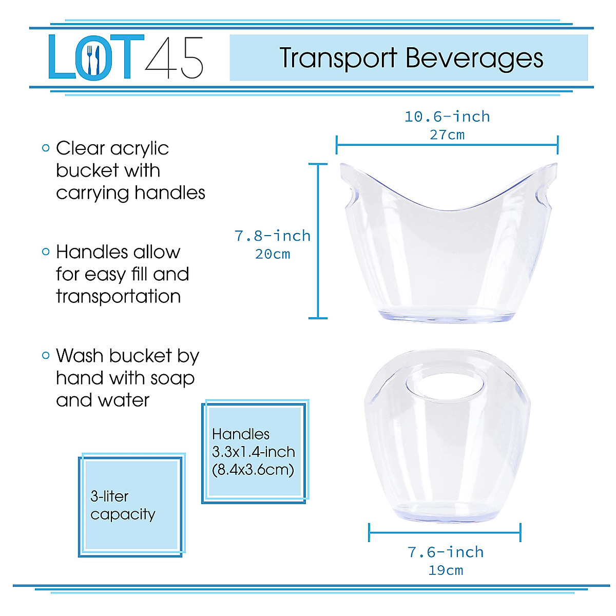 Lot45 Acrylic Beverage Bucket 2pc Set - 3.5 Liter Clear Party Beverage Tub Set - Indoor or Outdoor Bottle Drink Chiller