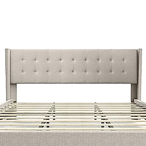 BONSOIR Queen Size Sand Color Bed Frame Upholstered Traditional Low Profile Platform with Wing Back Headboard