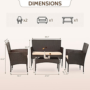 FDW Patio Furniture Set 4 Pieces Outdoor Rattan Chair Wicker Sofa Garden Conversation Bistro Sets for Yard (Brown)
