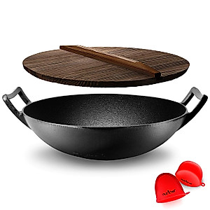 Nutrichef Pre-Seasoned Cast Pan-5.8 QT Heavy Duty Non-Stick Iron Chinese Wok or Stir Fry Skillet w/Wooden Lid, for Electric Stove Top, Induction, Large, Black