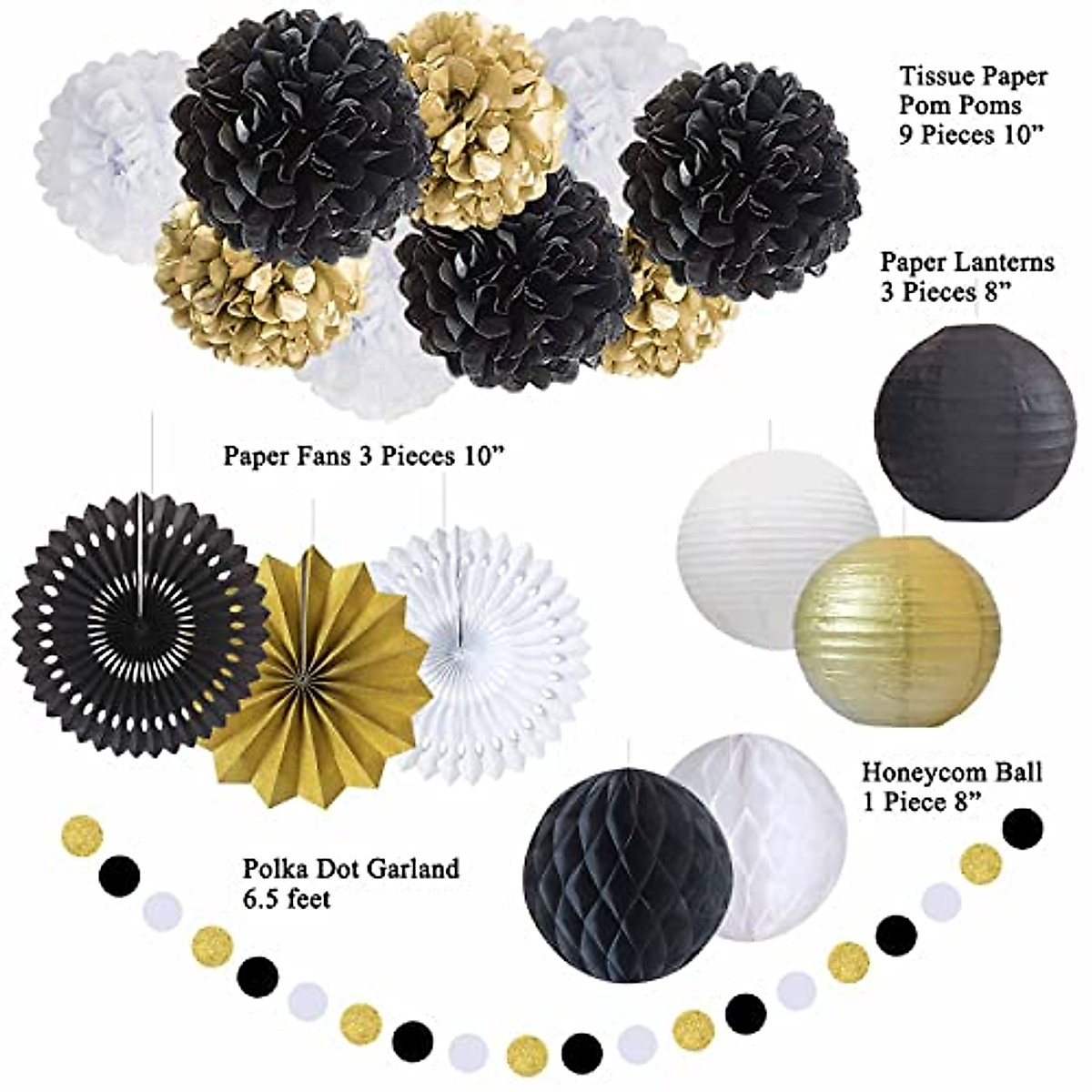 ANSOMO Black Gold and White Party Decorations Paper Fans Lanterns Pom Poms Hanging Wall Décor Bridal Baby Shower Birthday Graduation Wedding