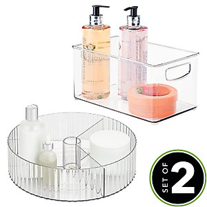 mDesign Plastic Stackable Bin with Handles and 11.5" Round Fluted Lazy Susan Turntable Divided Spinner Combo Set for Organization in Bathroom, Closet, Cabinet, or Vanity Countertop - Set of 2 - Clear