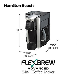 Hamilton Beach FlexBrew 5-in-1 12 Cup Drip and Single Serve Hot & Iced Coffee Maker with Movable 60 oz. Water Reservoir, Use Pod Packs and Grounds, Fast Brewing, LED Touchscreen, Black (49924)