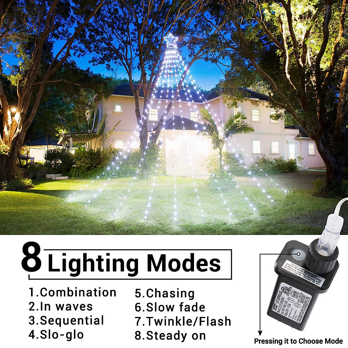 Flacchi White Star Holiday Lights 320 LED Waterfall Tree Lights with 11" Topper Star Christmas Lights 8 Modes Timer Waterproof Fairy Lights Indoor Outdoor Decorative for Patio Garden Wedding Decor