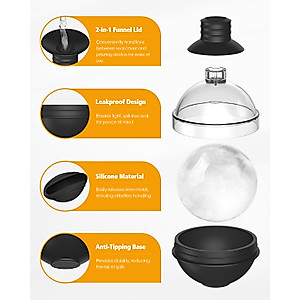 Large Round Ice Ball Maker Mold Silicone for Whiskey - Set of 4 with 2-in-1 Funnel Lid - 2.4 Inch Big Sphere Ice Mold for Cocktails Bourbon - Easy Release - Perfectly Round Ice Cube Tray