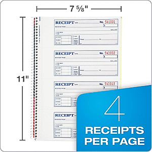 Adams Money and Rent Receipt Book, 2-Part Carbonless, 7-5/8" x 11", Spiral Bound, 200 Sets per Book, 4 Receipts per Page (SC1182), White/Canary