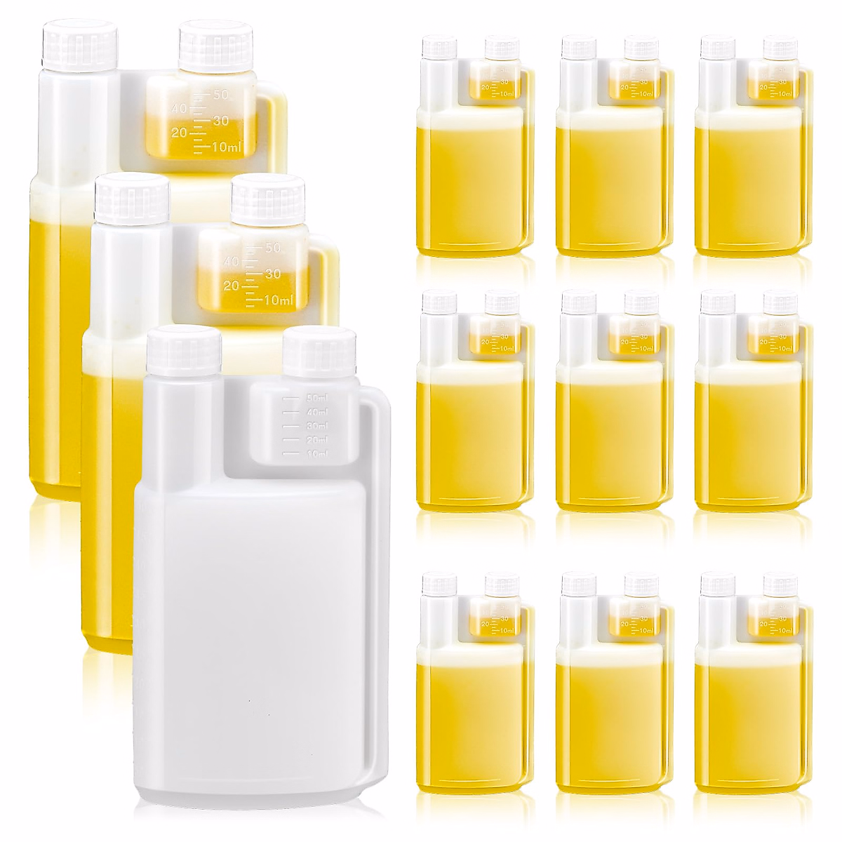 Lounsweer 12 Pcs Plastic Flask with Built in 1oz Shot Glass Graduated Chamber with Caps, Measuring Bottles One for Filling and One for Dispensing, to Store, Measure Dispense Liquids (32oz)