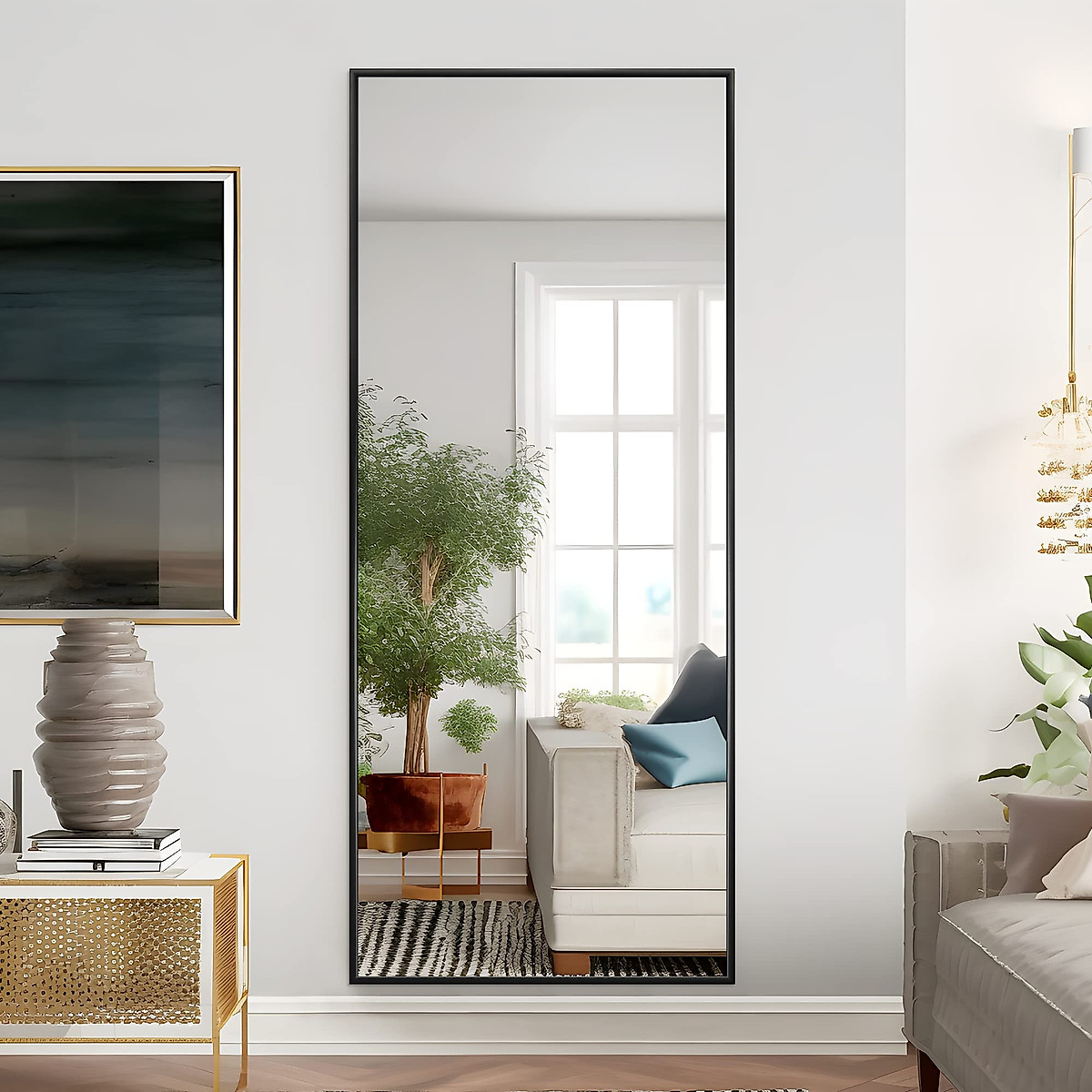 Pexfix Full Length Mirror Hanging Mirror Dressing Mirror Wall-Mounted Mirror with Stand,Full Body Mirror with Aluminum Alloy Thin Frame,Black,65"x22"