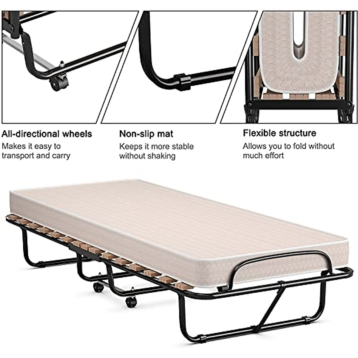Renatone Folding Bed with Mattress, Portable Guest w/ 4 inch Memory Foam Sturdy Metal Frame, Rollaway Cot Size for Adults, Sleeper Bedroom, Living Room, Office, Camping Clear Small Single