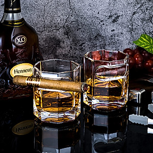 YouYah Cigar Whiskey Glasses with Cigar Holder-Set of 2, Cigar Accessories, Crystal Whisky Glass Set with Indented Cigar Rest for Brandy, Cocktail, Gifts for Men(8.5oz)