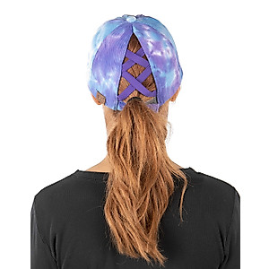 Funky Junque Criss Cross Hat Womens Baseball Cap Distressed Ponytail Messy Bun Trucker Ponycap (1 Tie Dye - Purple Mix)