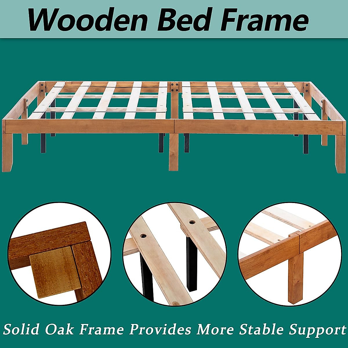 Anwick Queen Size Wood Platform Bed Frame, Classic 12 Inch High Wooden Bed with 8 Oak Legs and 6 Metal Legs,No Box Spring Needed,Easy Assembly (Queen)