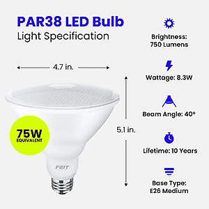 Feit Electric LED PAR38 Bulbs, 75W Equivalent, Non Dimmable, 3000k Bright White, 750 Lumens, 10 Year Lifetime, E26 Base, PAR38 Flood Lights, CRI 90, Damp Rated, 4 Pack, PAR38/930CA10K/MP/4