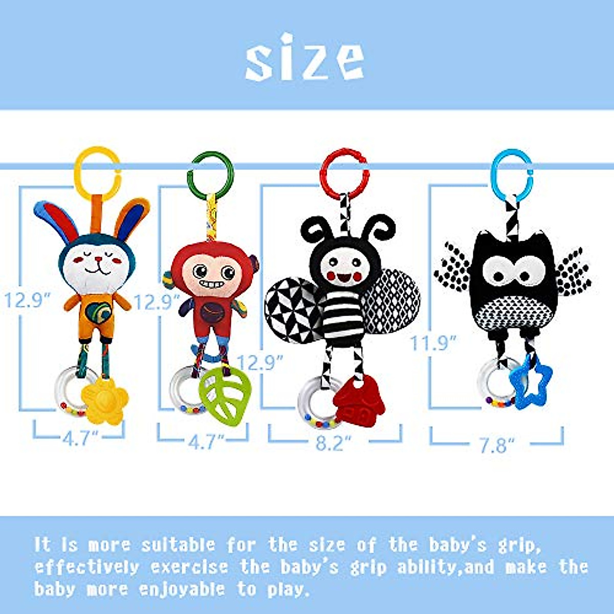 teytoy Baby Toys for 0, 3, 6, 9, 12 Months, Animal Hanging Baby Rattles, Baby Bed Crib Car Seat Travel Stroller Soft Plush Crinkle Toys for Infant, Newborn Birthday Gifts(4 Pack)