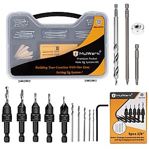 MulWark Premium Pocket Hole Jig System Kit & 5PC 3/8" Quick-Change 82°-Chamfered Adjustable Countersink Drill Bit Set incl. 5pcs Free Replaceable HSS Drill Bits for Wood