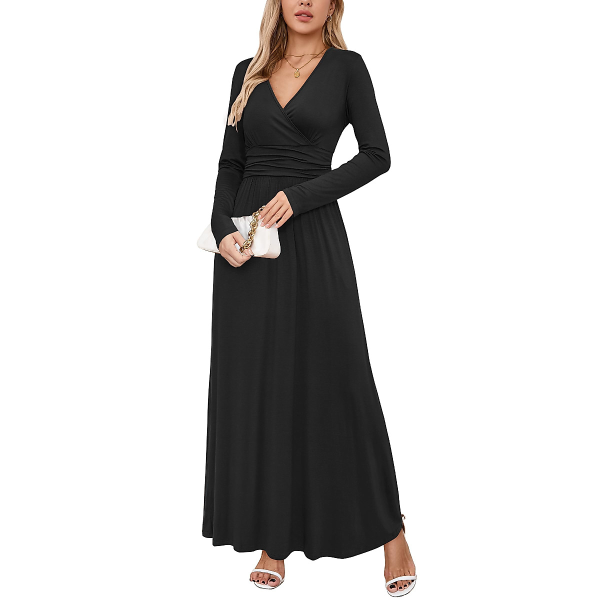 OUGES Womens Long Sleeve Black Dress V-Neck Wrap Waist Fall Formal Maxi Dress Winter Dresses for Women 2025(Black,XL)