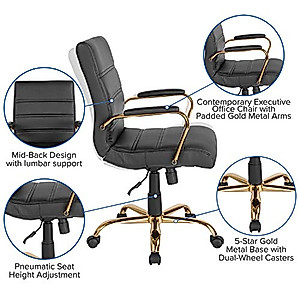 Flash Furniture Whitney Mid-Back Desk Chair - Black LeatherSoft Executive Swivel Office Chair with Gold Frame - Swivel Arm Chair