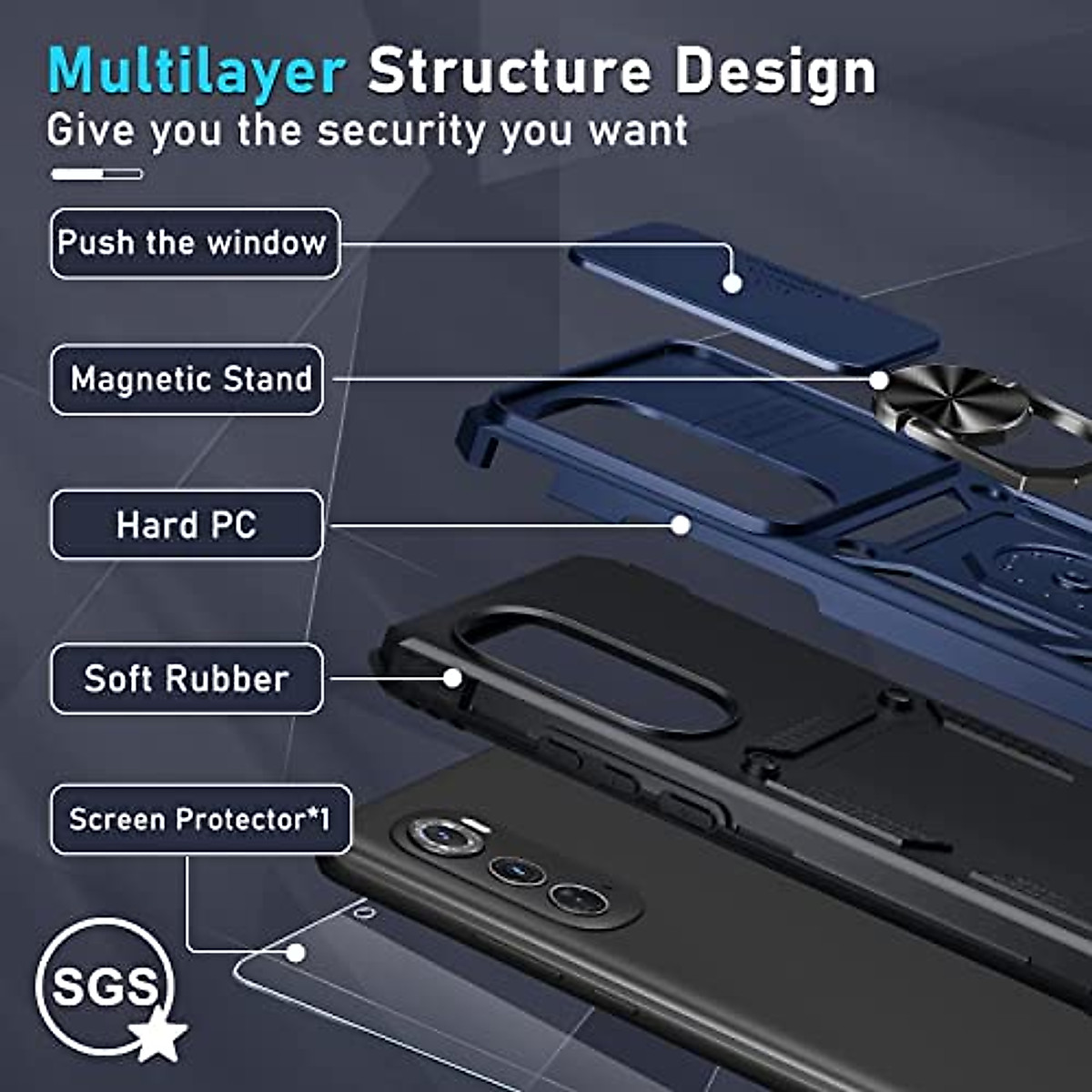 Motorola Moto Edge 2022 Case Built in Slide Camera Cover and Screen Protector [Not for Edge Plus],Heavy Duty Shockproof Full Body Phone Cover,Built in Finger Ring Stable Holder Kickstand,2022 Blue