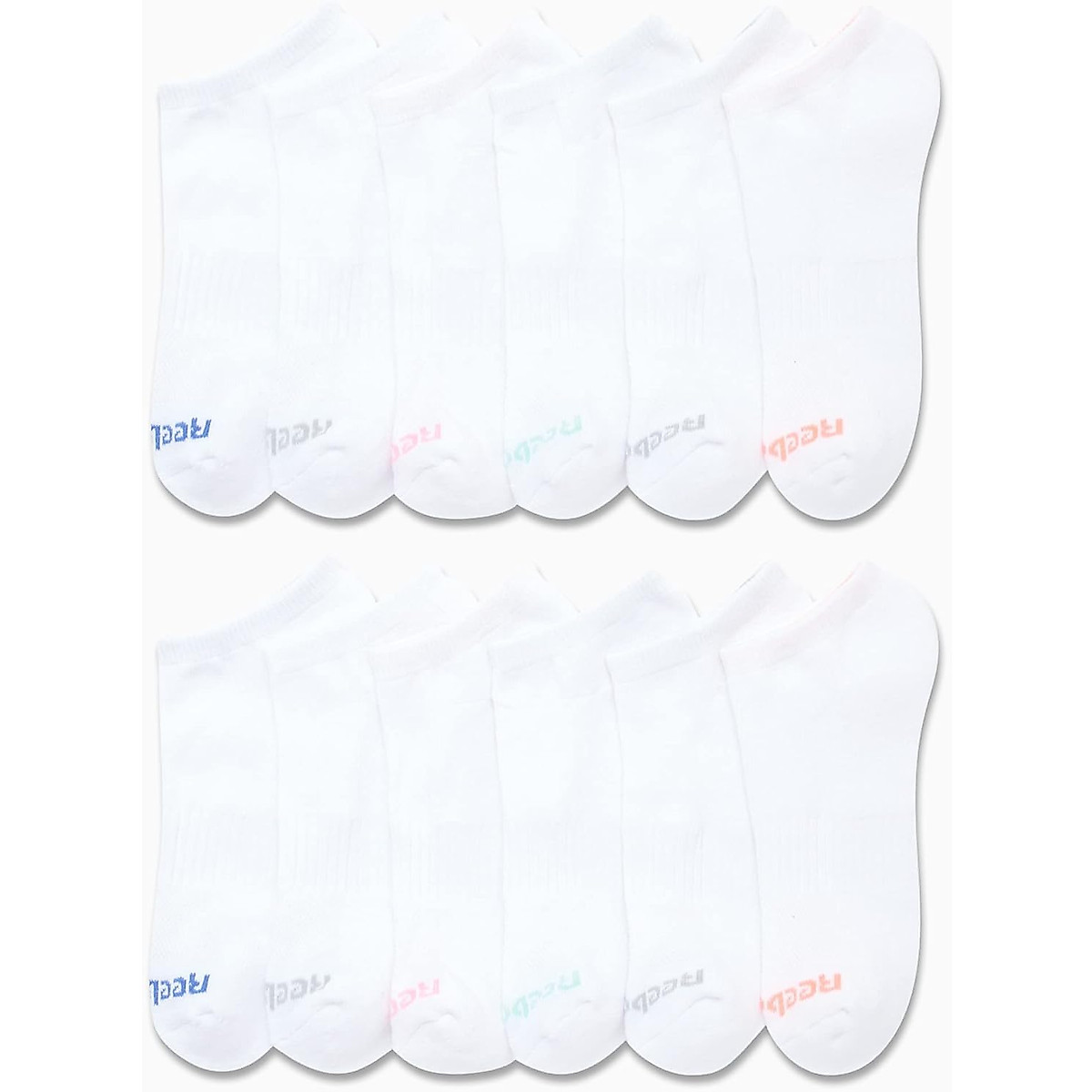 Reebok Women's No Show Athletic Breathable Low Cut Cushioned Socks (12 Pack), Size 4-10, Bright White Logo