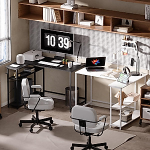 Pamray 43 Inch L Shaped Computer Desk with Reversible Side Storage Shelves, Small Corner Desk for Small Space Home Office,Writing Study Table PC Desk for Bedroom,White