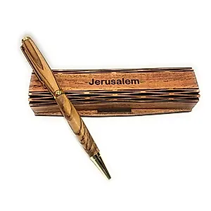 Handmade Ballpoint Pen Handcrafted Bethlehem Olive Wood With Wooden Jerusalem Box