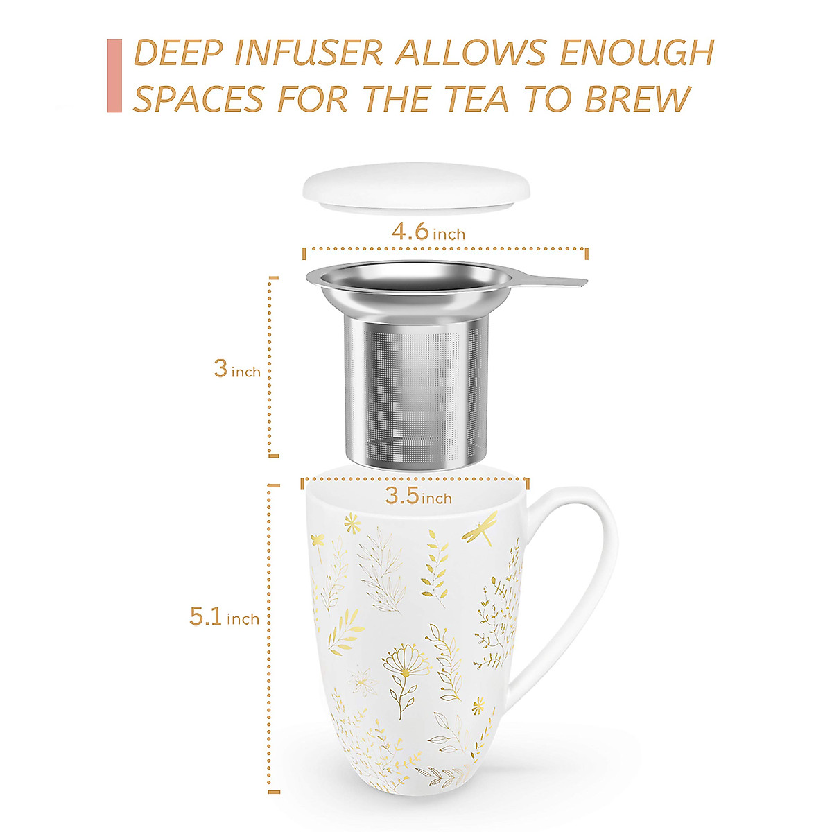 immaculife Tea Cup with Infuser and Lid Tea Mug with Lid - Teaware with Filter 16oz Halloween/Birthday Gift, Platinum Print