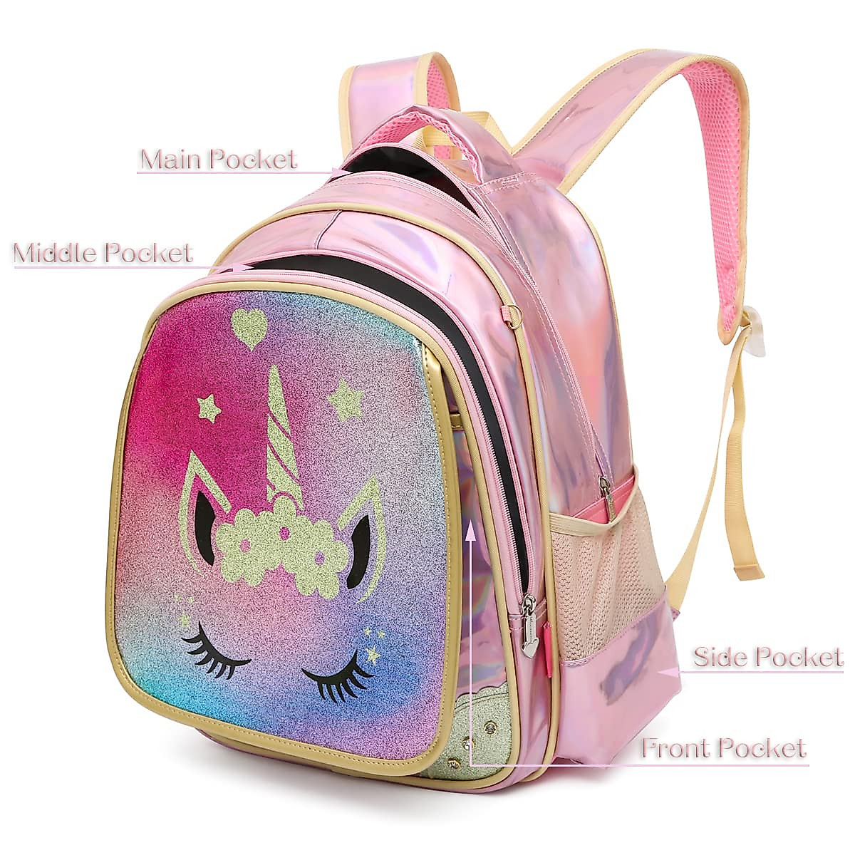 Mloovnemo Girls Elementary Primary School Bag Unicorn Backpack Diamond Glitter Princess School Backpack Large Capacity(Large, Unicorn Pink)