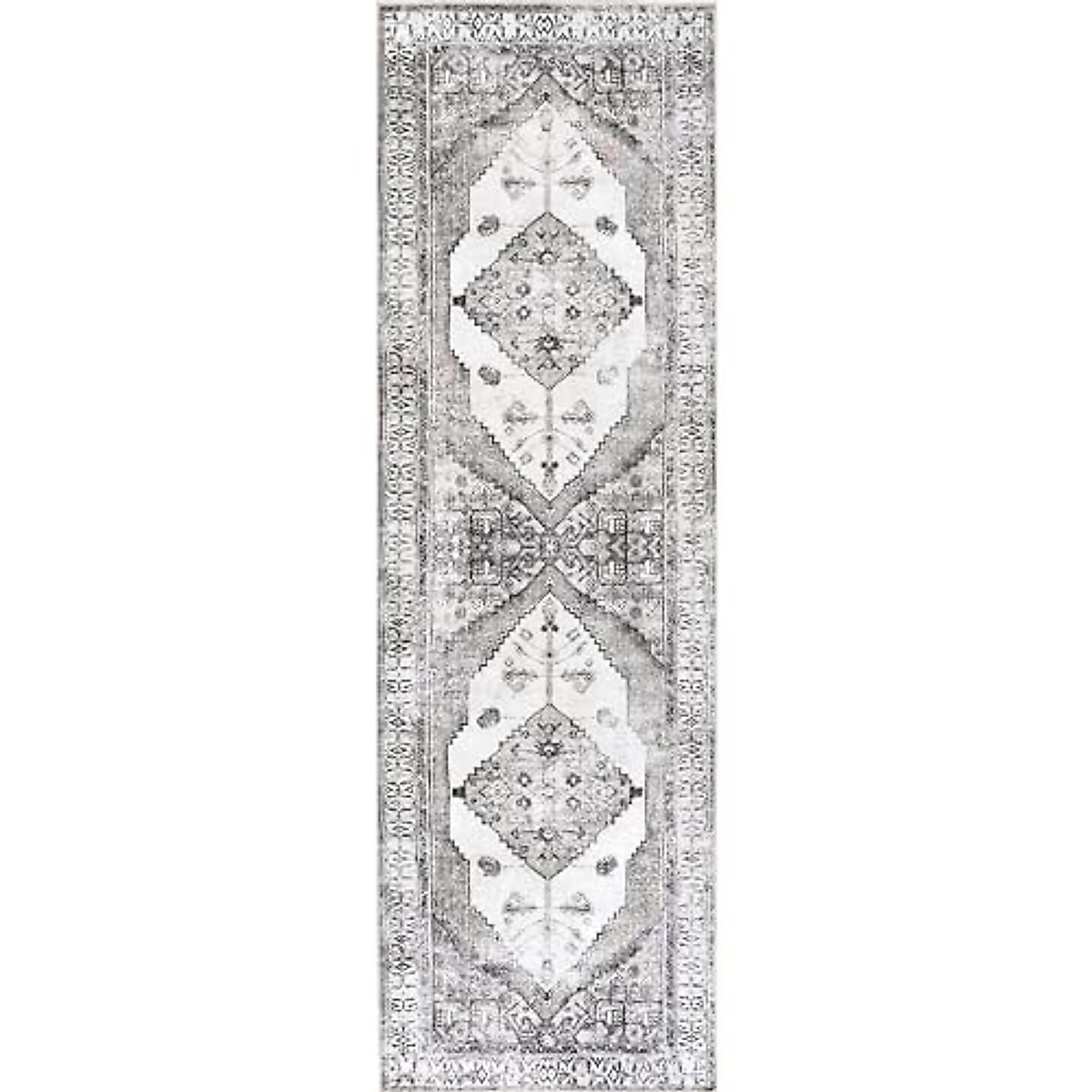 nuLOOM Gladys Machine Washable Vintage Medallion Ultra Thin Runner Rug, 2' 6" x 12', Light Grey