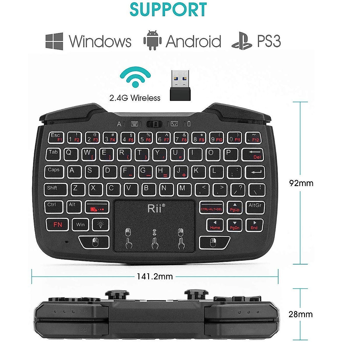 (Backlit Version)Rii RK707 3 in 1 Multifunctional 2.4GHz Wireless Portable Game Controller 62-Key Rechargeable Keyboard Mouse Combo Turbo Vibration Function for PC/Raspberry pi2/Android TV Google/TV B