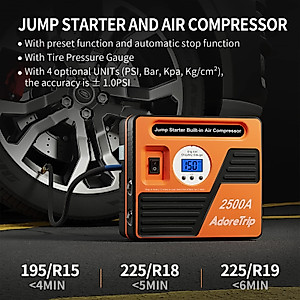 ADORETRIP Jump Starter with Air Compressor, 2500A 150PSI Car Battery Jump Starter (10.0L Gas/ 8.5LDiesel), 24000mAh 12V Jump Box Car Battery Jumper Starter Booster with Digital Display, 2 Lights