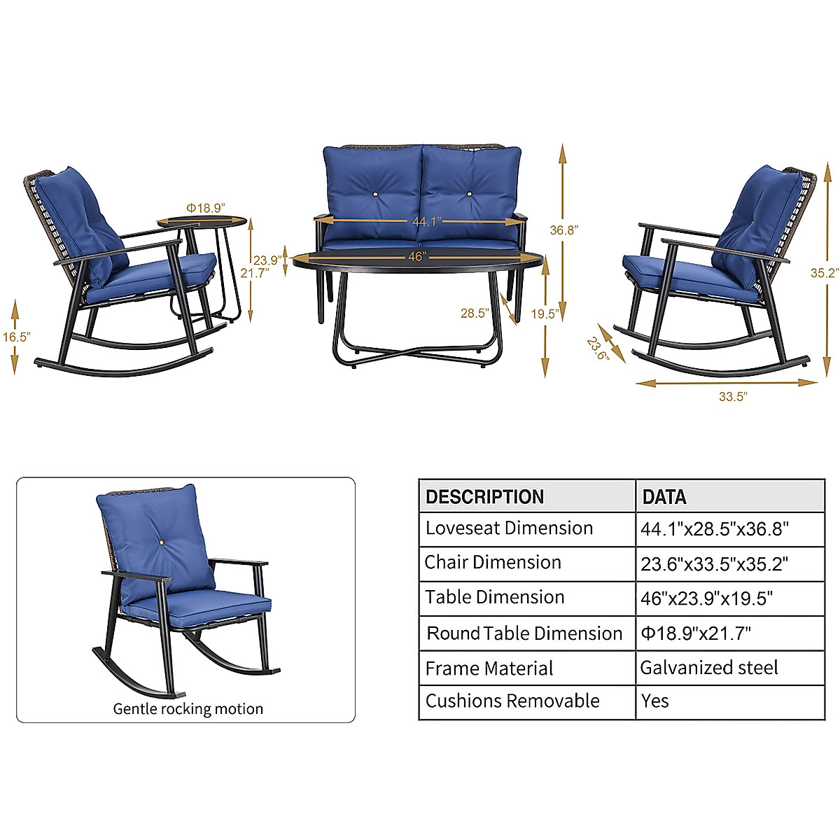 PatioFestival 5 Pieces Patio Conversation Sets Cushioned Outdoor Furniture Sets All Weather Frame with Wicker Back Rocking Chairs and 2 Metal Table, Blue