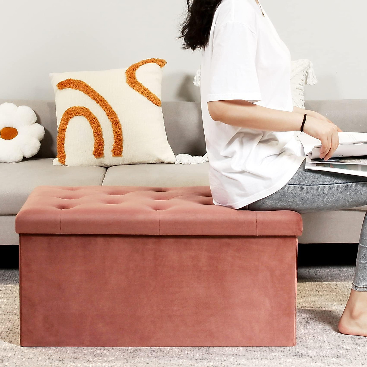 B FSOBEIIALEO Folding Storage Ottoman, Long Ottomans Shoes Bench, Velvet Storage Chest Footrest Seat 31.5"x15.7"x15.7" (Warm Red, Large)