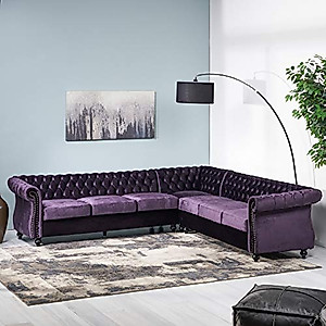 Great Deal Furniture Annabelle 7 Seater Velvet Tufted Chesterfield Sectional BlackBerry and Dark Brown