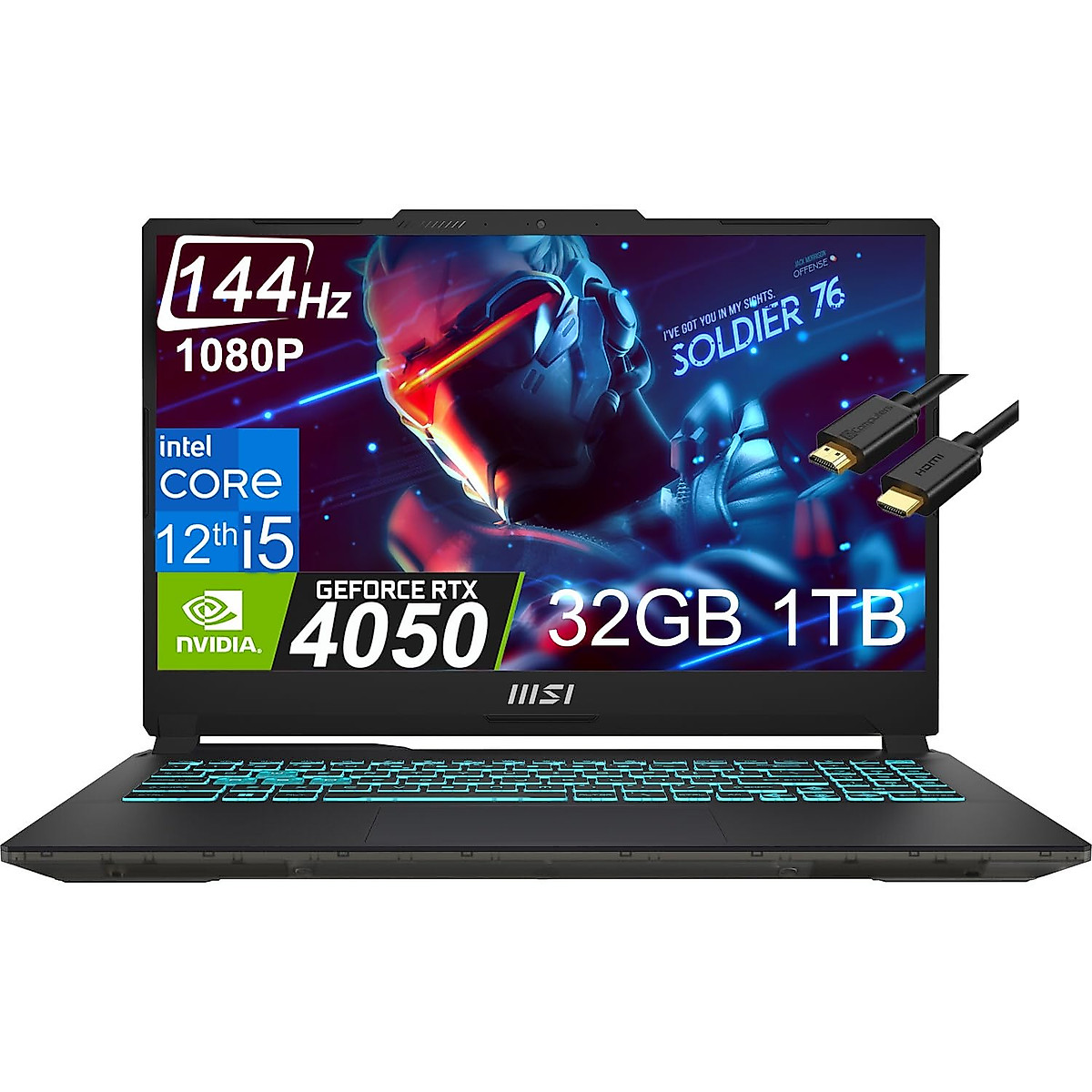 MSI Cyborg 15 Thin GF63 Gaming Laptop 15.6" FHD 144Hz (Intel 12th Gen i5-12450H, 32GB DDR5 RAM, 1TB SSD, GeForce RTX 4050 (Beats RTX 3060)), Webcam, WiFi 6, IST Cable, Win 11 Home - 2023, Black