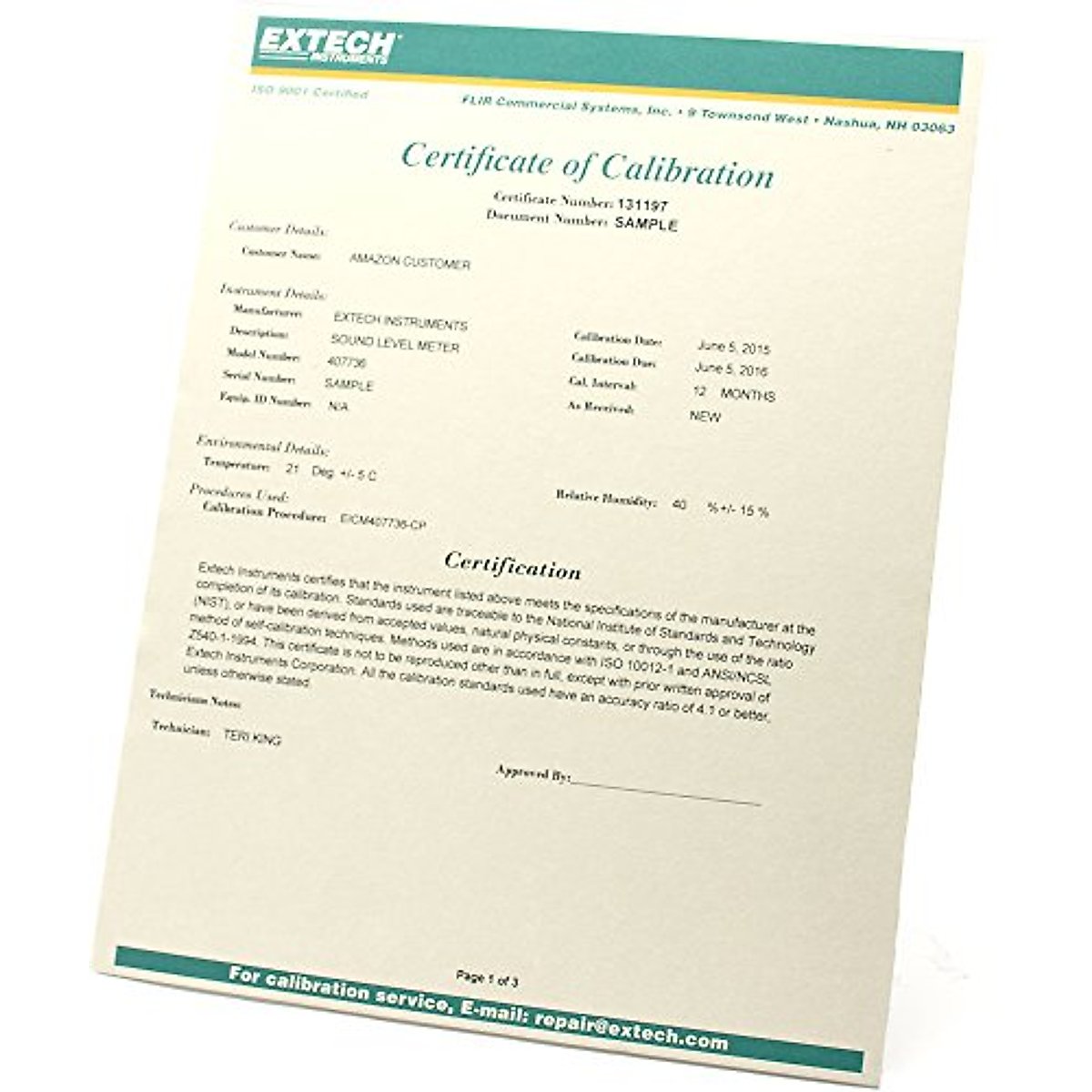 Extech 407730-NIST Digital Sound Level Meter 40-130dB with NIST