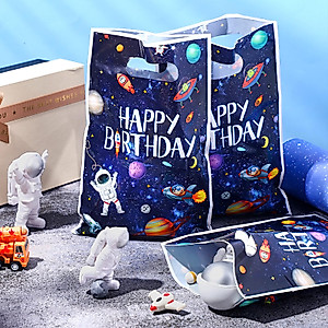 Bokon 50 Pcs Outer Space Birthday Bag Bulk Galaxy Plastic Gift Bags with Handle Planet Party Favor Bags Solar System Astronaut Candy Bags for Kids Birthday Space Theme Party Bags Supplies