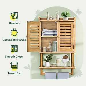 AmazerBath Bathroom Wall Cabinets, Bamboo Medicine Cabinets with Towel Bar, Wall Mounted Storage Cabinet with Adjustable Shelves, 2 Doors Over The Toilet Storage for Small Spaces,8.3x16.5x26.6 Inches