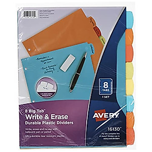 Avery Big Tab Write & Erase Durable Plastic Dividers for 3 Ring Binders, 8-Tab Set, Bright Multicolor, 1 Set (16130)