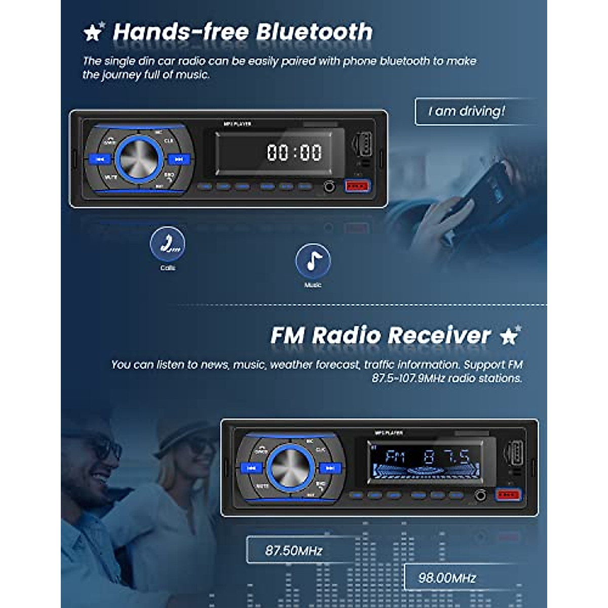 Roinvou Car Radio Bluetooth Single DIN Car Stereo Audio, MP3 Player Car Stereo 1 DIN with Bluetooth Handsfree/FM/Dual USB/TF/AUX/Fast Charging, Built-in Microphone, Multi Color LCD, Not a CD Player