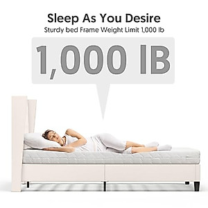 BONSOIR Bed Frame Upholstered Traditional Low Profile Platform with Wing Back Headboard/No Box Spring Needed/No Bed Skirt Needed/Linen Fabric Upholstery/Sand (Cream, Queen Size)