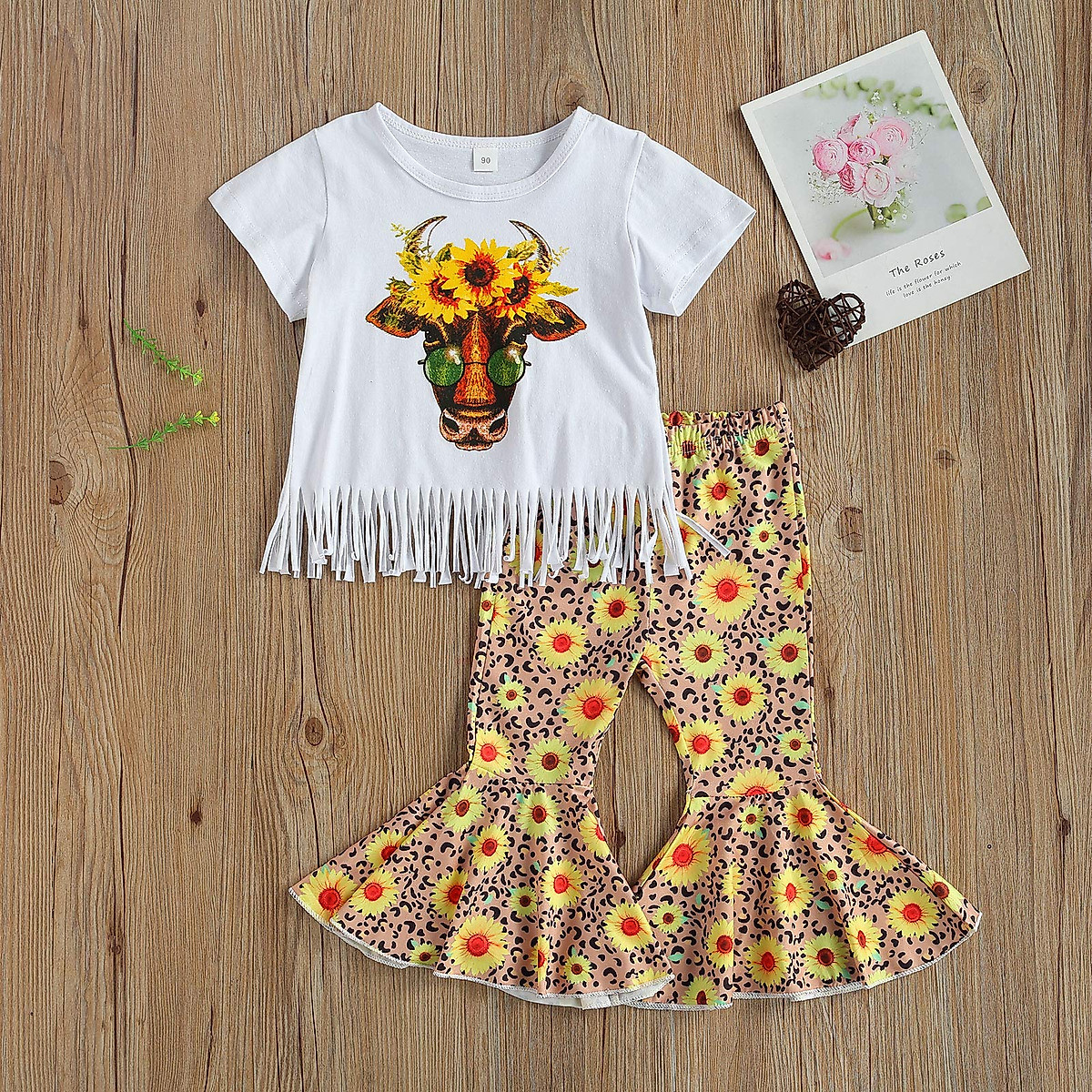 wdehow Toddler Baby Girl Clothes Set Long Sleeve Tassel T-Shirt Top Bottom Sunflower Flare Pants 2pcs Spring Summer Outfits (Yellow, 4-5T)