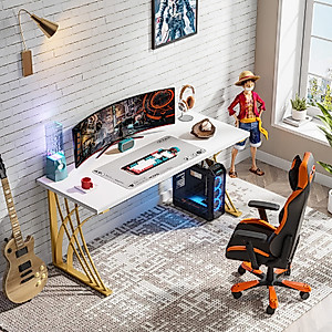 Tribesigns 55’’ Large Modern Computer Desk, White & Gold Luxury Laptop PC Student Table, Makeup Vanity Table with Thick Frame & Strong Legs, Sturdy Writing Workstation for Home & Office