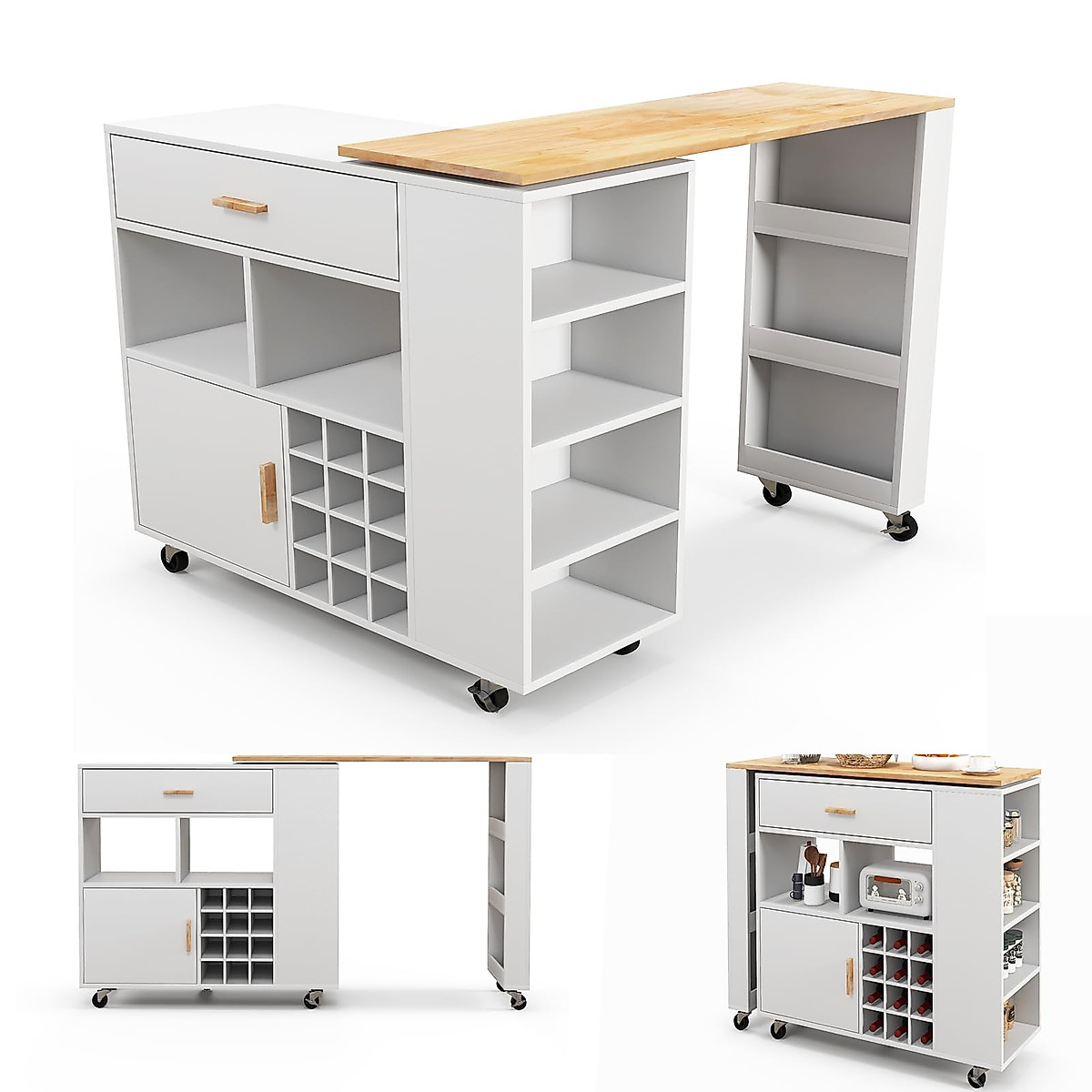 Giantex Mobile Kitchen Island Cart, 4-in-1 Reversible Serving Cart Bar Table Combo, Storage Cart on Wheels w/Rubber Wood Top, Adjustable Shelf, 12-Bottle Wine Rack, Spice Rack for Dining Room, White