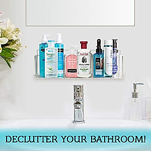 No-Drill Clear Acrylic Makeup Organizer Wall Mounted with Adhesive Stickers or Screws, 15” Clear Acrylic Bathroom Organizer Shelf